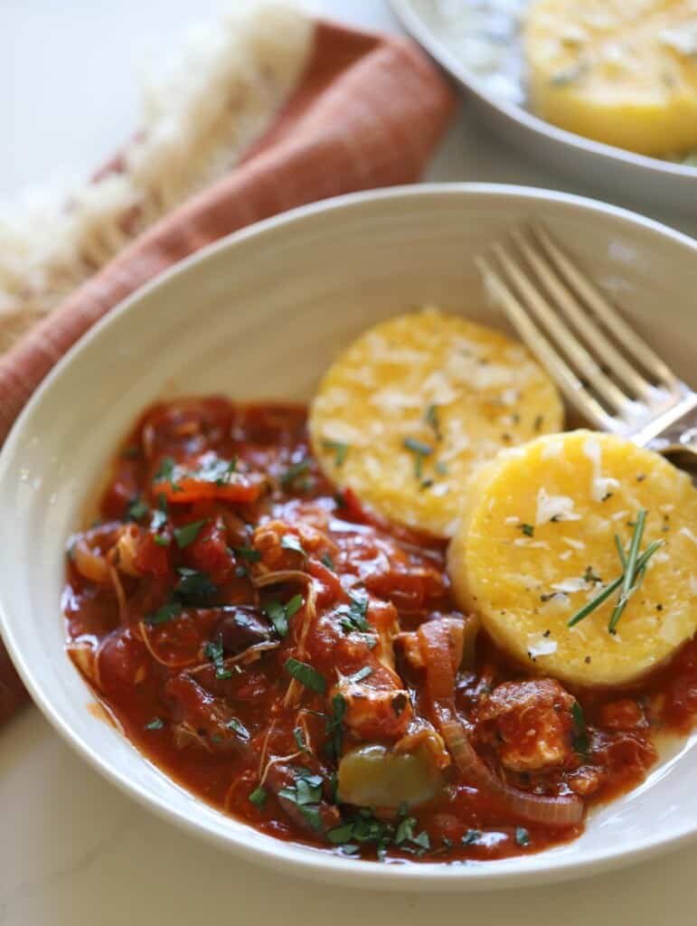 Slow Cooker Chicken Cacciatore with Polenta Cakes - Entertaining with Beth